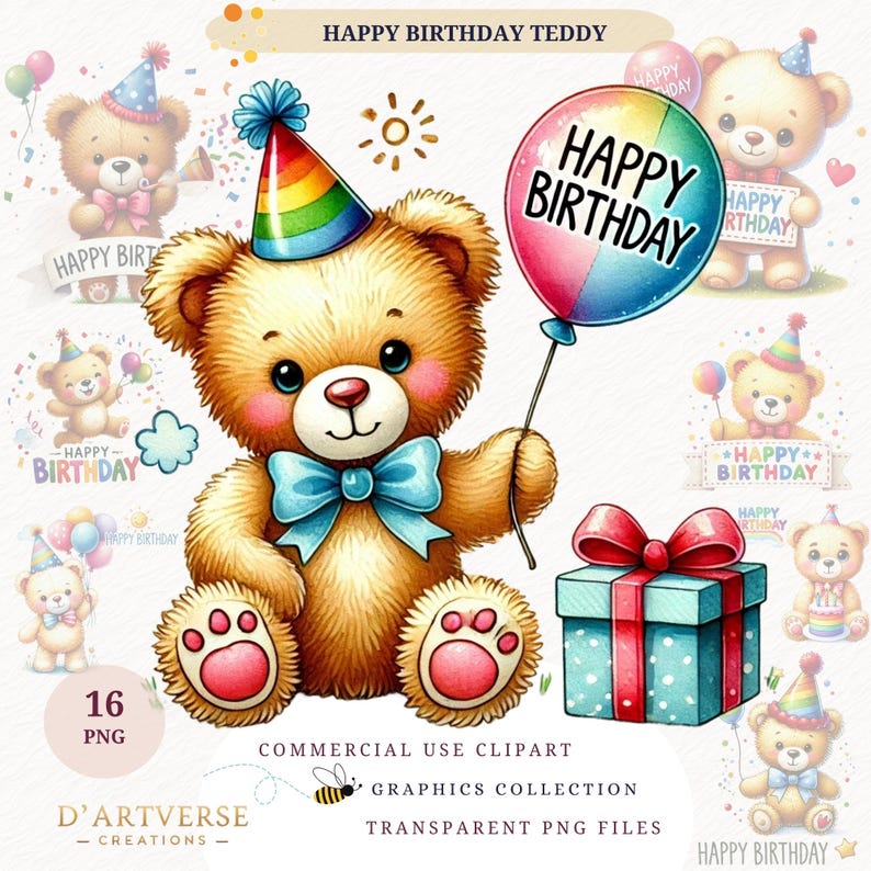 Teddy Bear Birthday Clipart Watercolor Party Bear PNG Cute Kids Invite ...