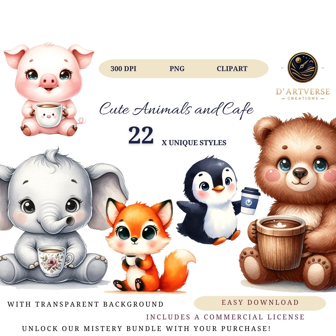 Watercolor Cute Animals Clipart Cafe Mug Animals Png Baby Animal ...