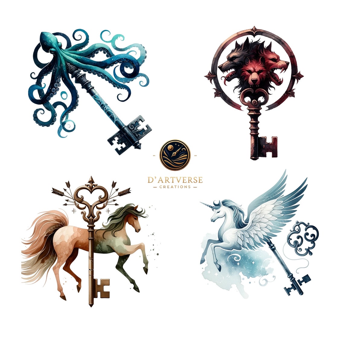 Fantasy Clipart Watercolor Fantasy Digital Mythical Creature Key Magic ...