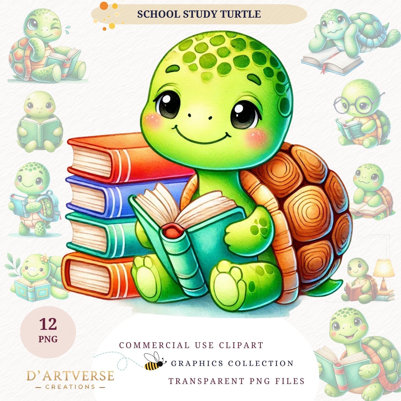 Cute School Turtle Clipart PNG Reading Book Animal Kids Digital ...