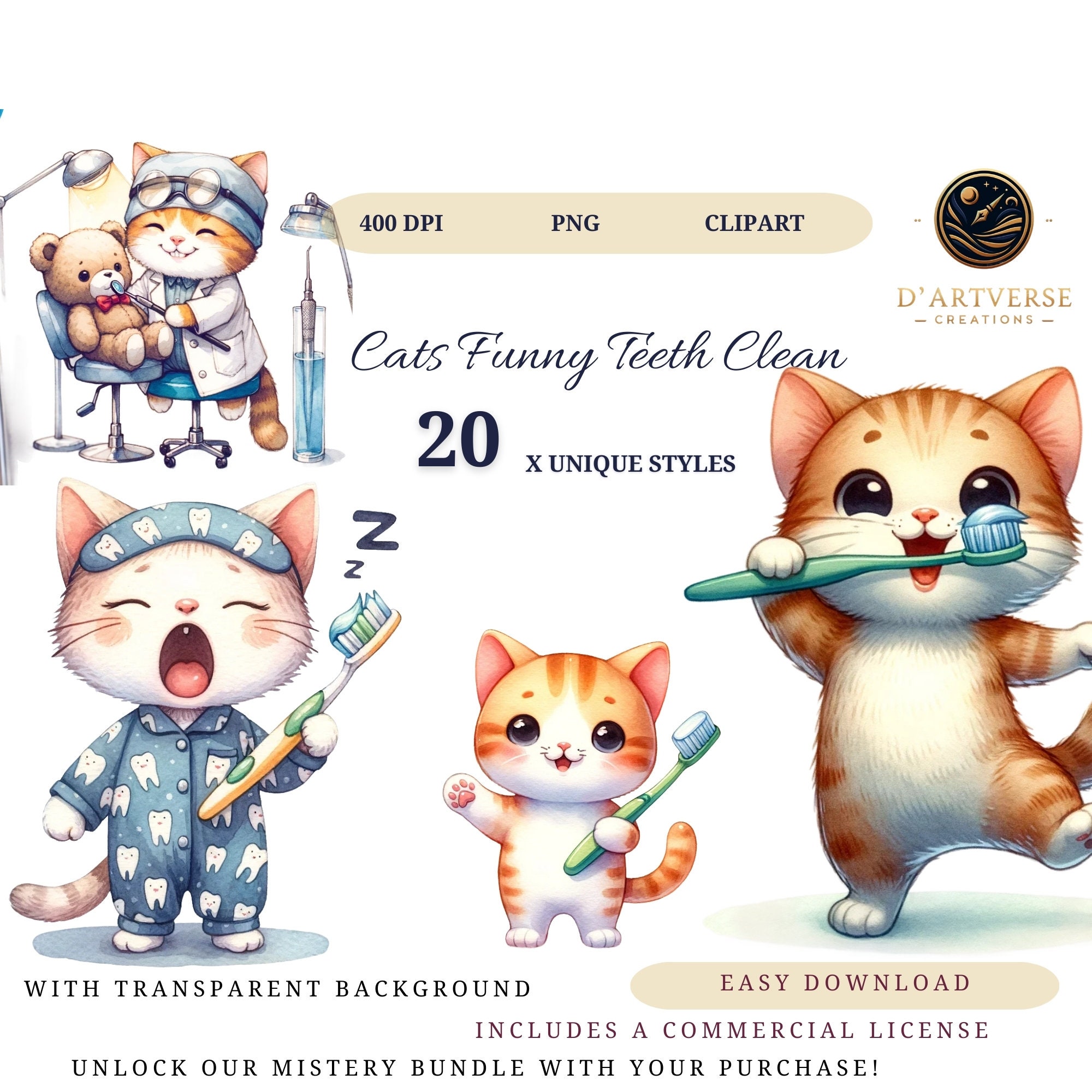Watercolor Cute Cat Clipart Bundle Kitten Illustrations Fun Dentist ...