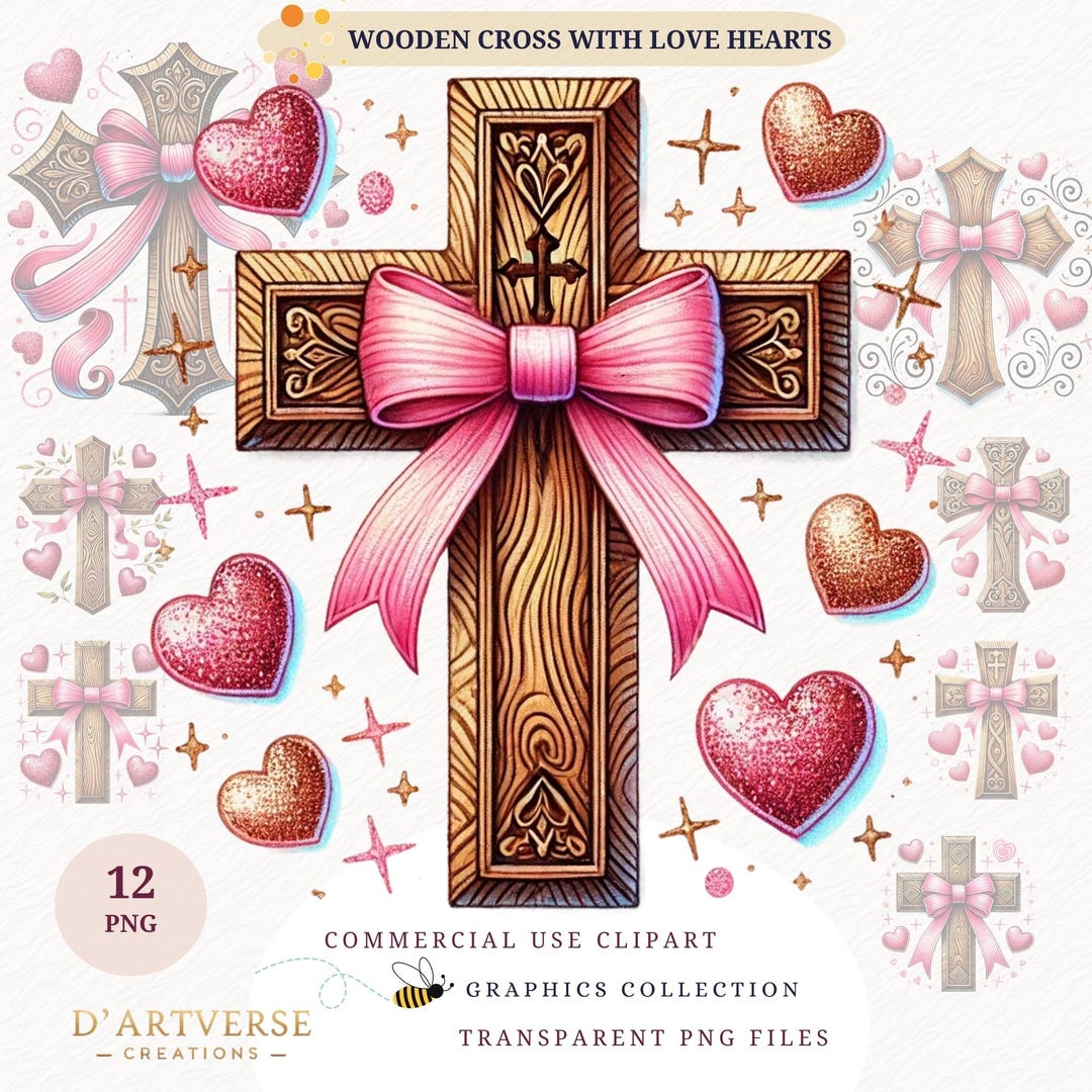 Valentines Day Wood Cross Clipart Png Cross With Hearts and Pink Bow ...