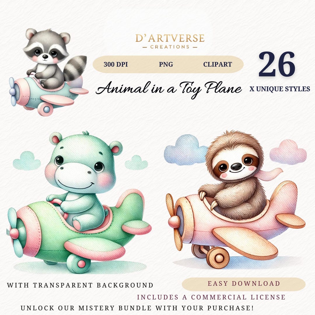 Watercolor Baby Animal Clipart Bundle Cute Animals in Airplane PNG ...