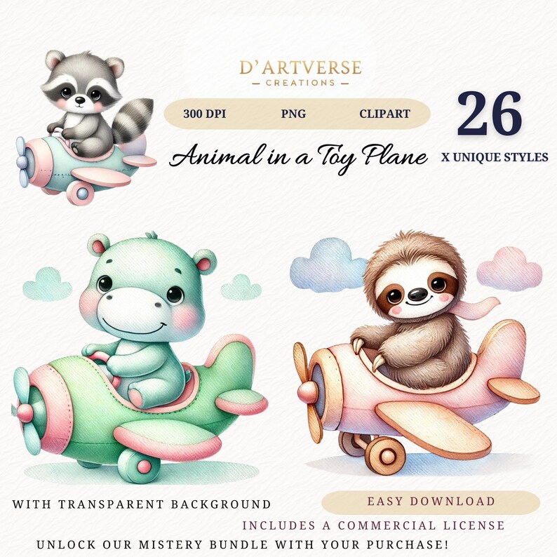 Watercolor Baby Animal Clipart Bundle Cute Animals in Airplane PNG ...