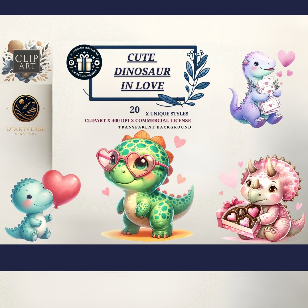 Dinosaur Clipart Love Day Valentine Graphics Watercolor Dino Art Cute ...