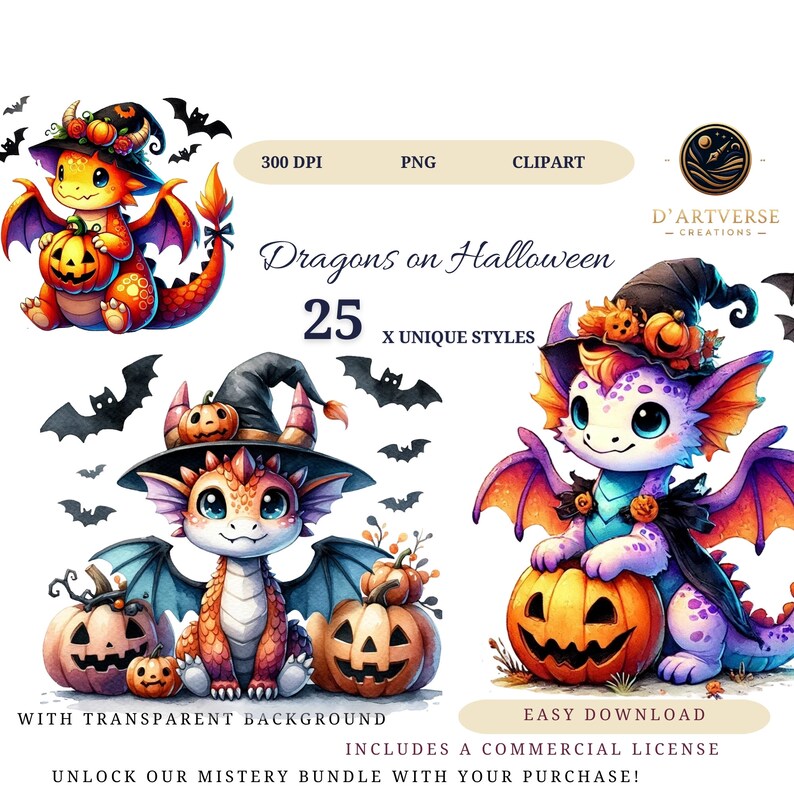 Watercolor Halloween Dragons Clipart Cute Dragon PNG Bundle Halloween ...