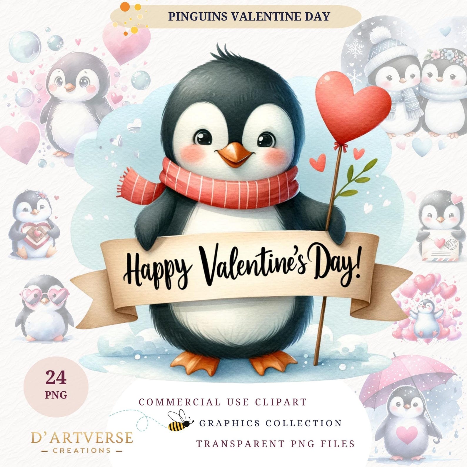 Watercolor Penguin Art Valentine Clipart Set Romantic Penguins Digital ...