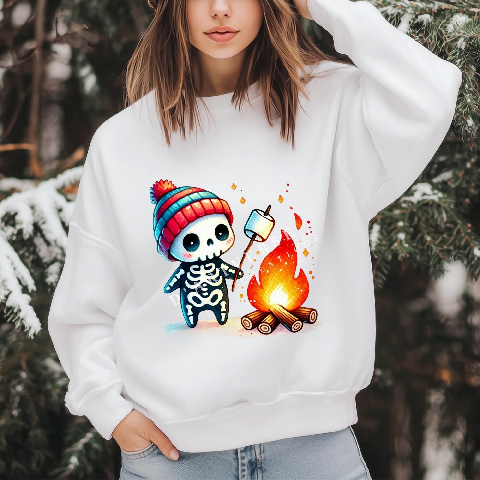 Watercolor Skeleton Campfire Clipart Cute Marshmallow Bonfire PNG ...
