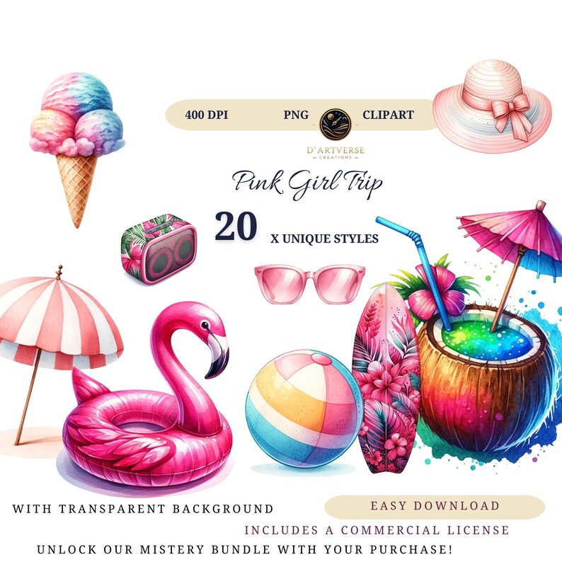 Watercolor Pink Girl Trip Clipart Summer Beach Vacation Graphics ...