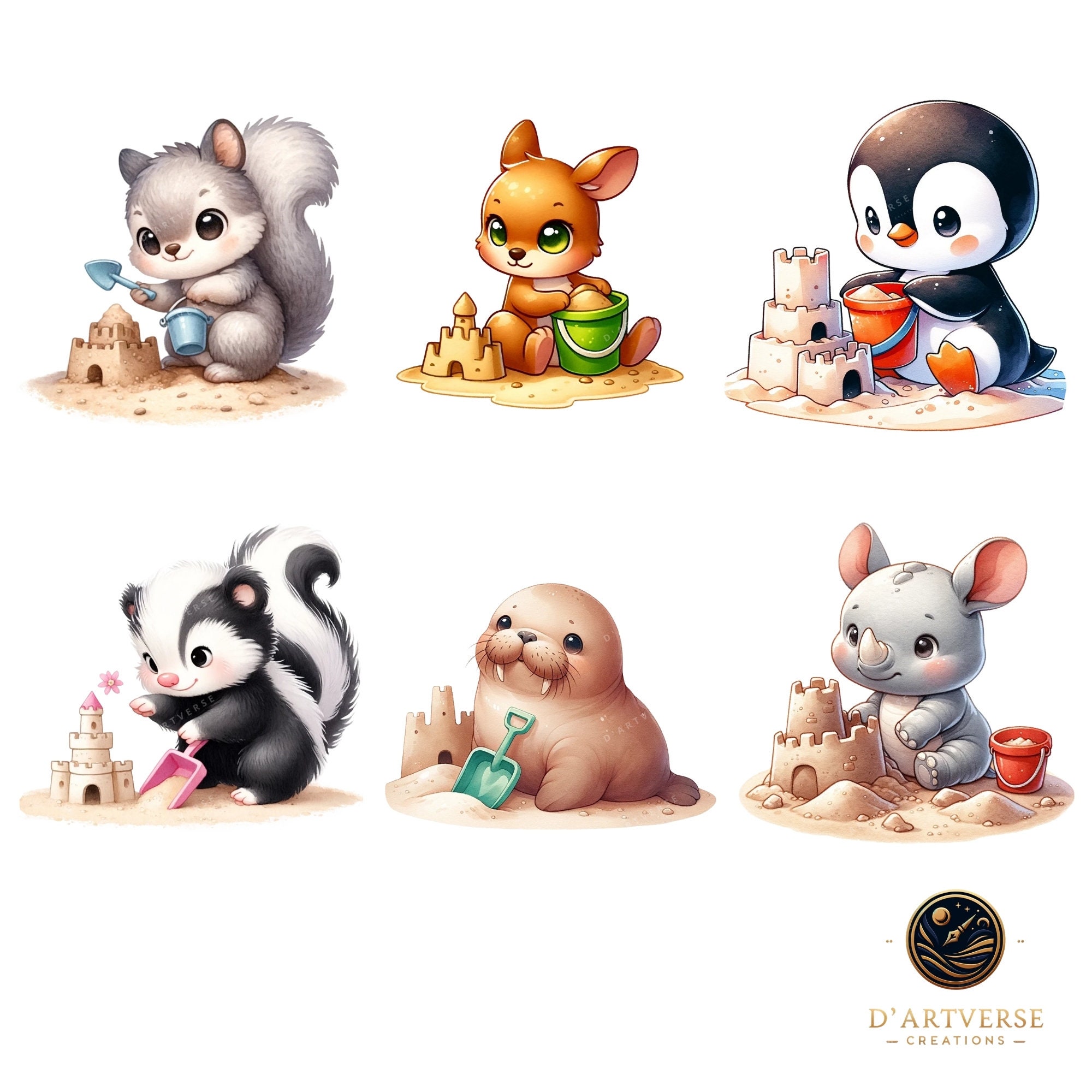 Watercolor Cute Animals Beach Clipart Baby Animal Sandcastle Png Cute ...