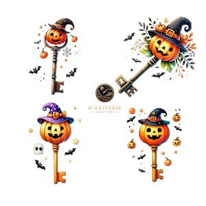 Atercolor Halloween Pumpkin Key Clipart Vintage Witch Hat PNG Halloween ...