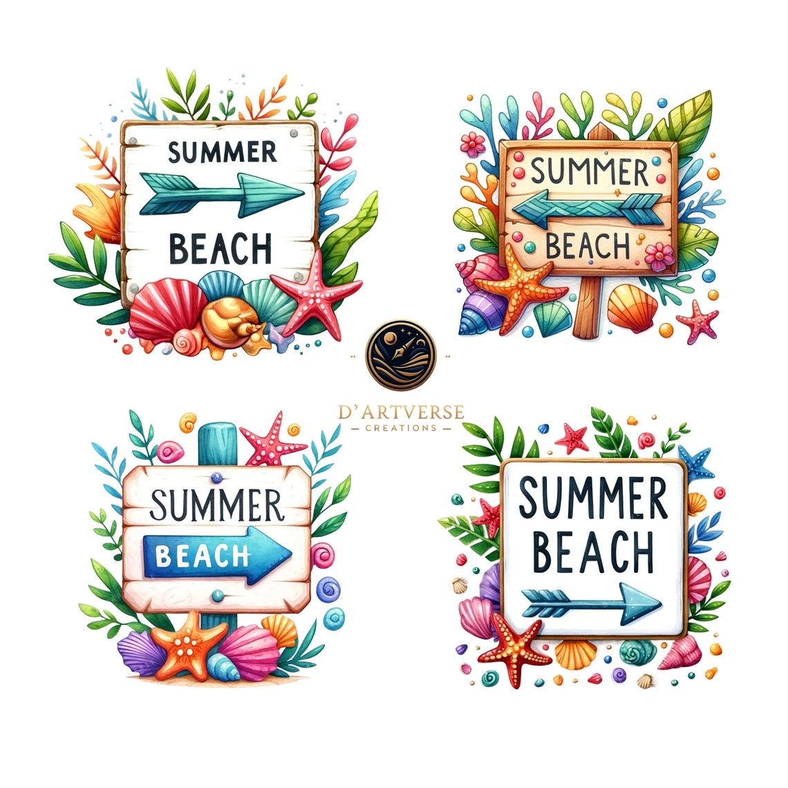 Summer Beach Signs Clipart Watercolor Beach Graphics Coastal Clipart ...