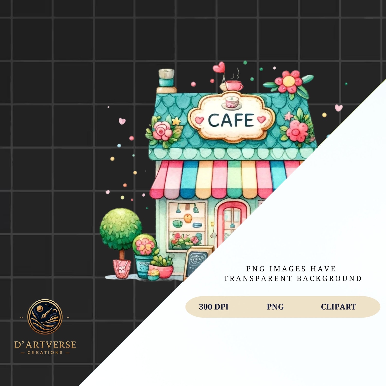Watercolor Cute Cafe Clipart Digital Cafe Graphics PNG Coffee Shop ...