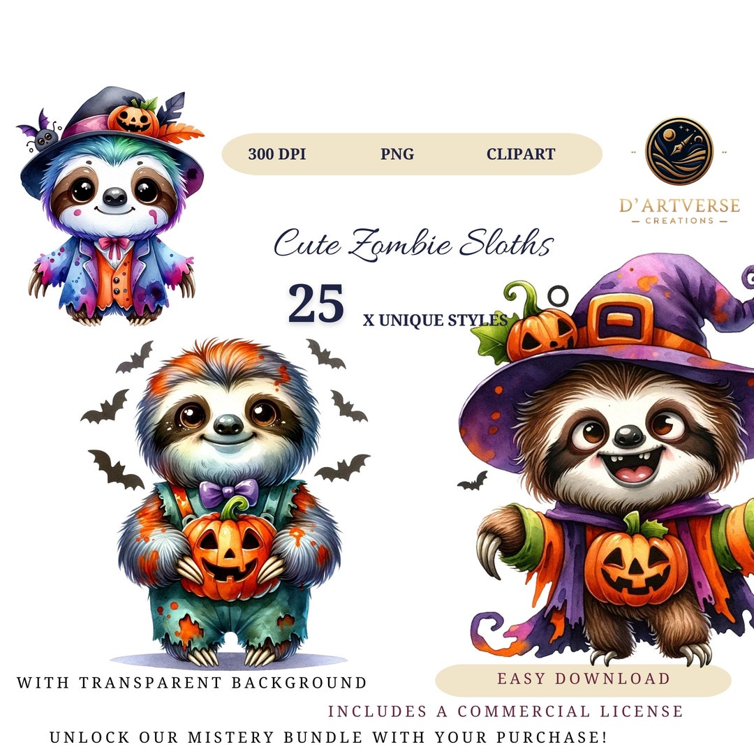 Cute Zombie Sloths Clipart Halloween Watercolor Sloth PNG Bundle ...