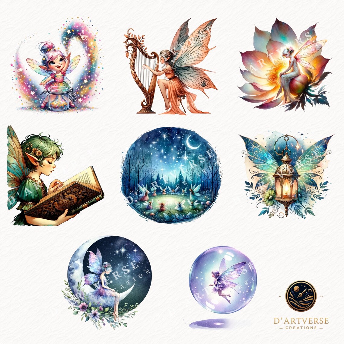 Cute Magic Fairy Clipart Bundle Watercolor Moon Fairy PNG Mystical ...