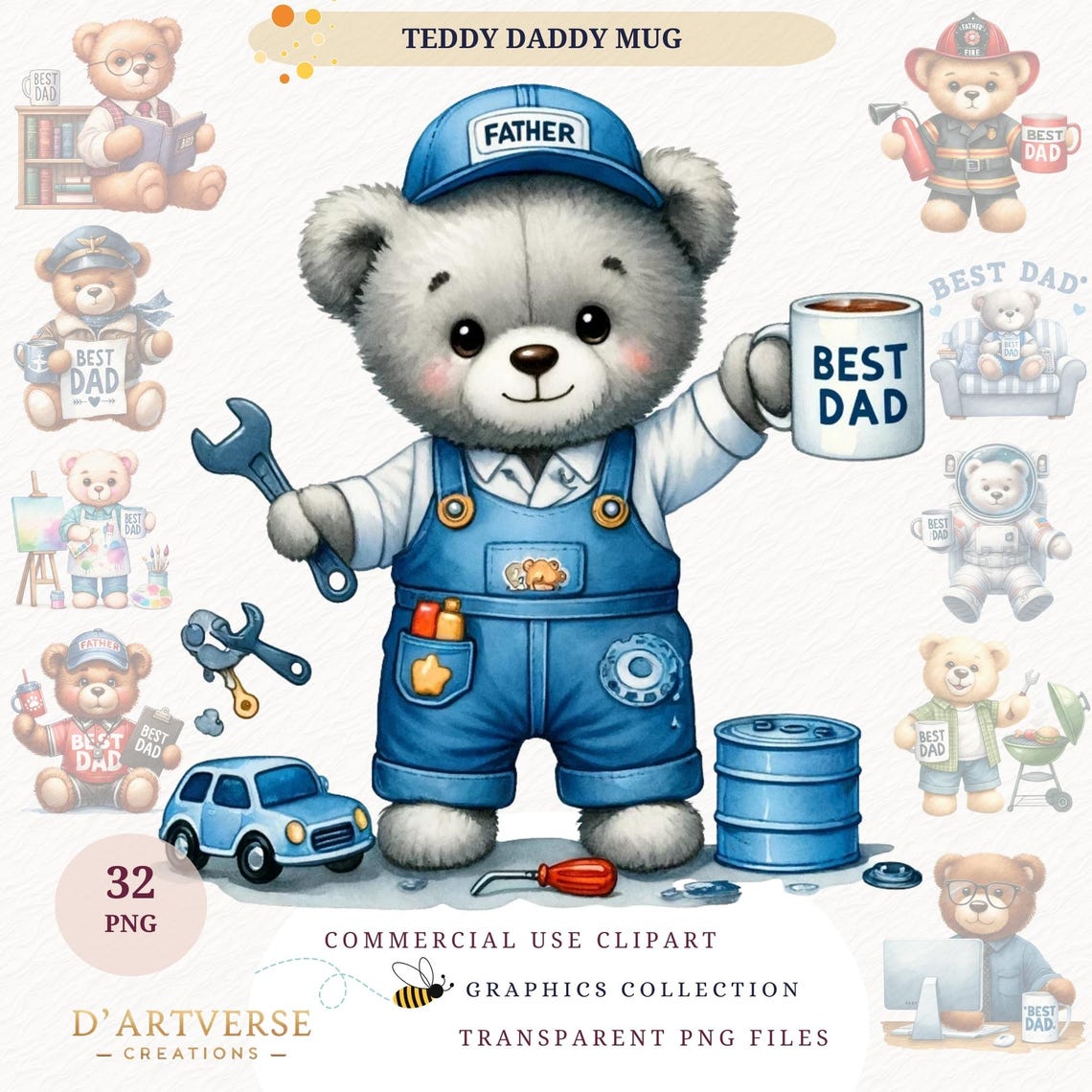 Father’s Day Teddy Bear Clipart Bundle Watercolor Cute Dad Mug PNG ...
