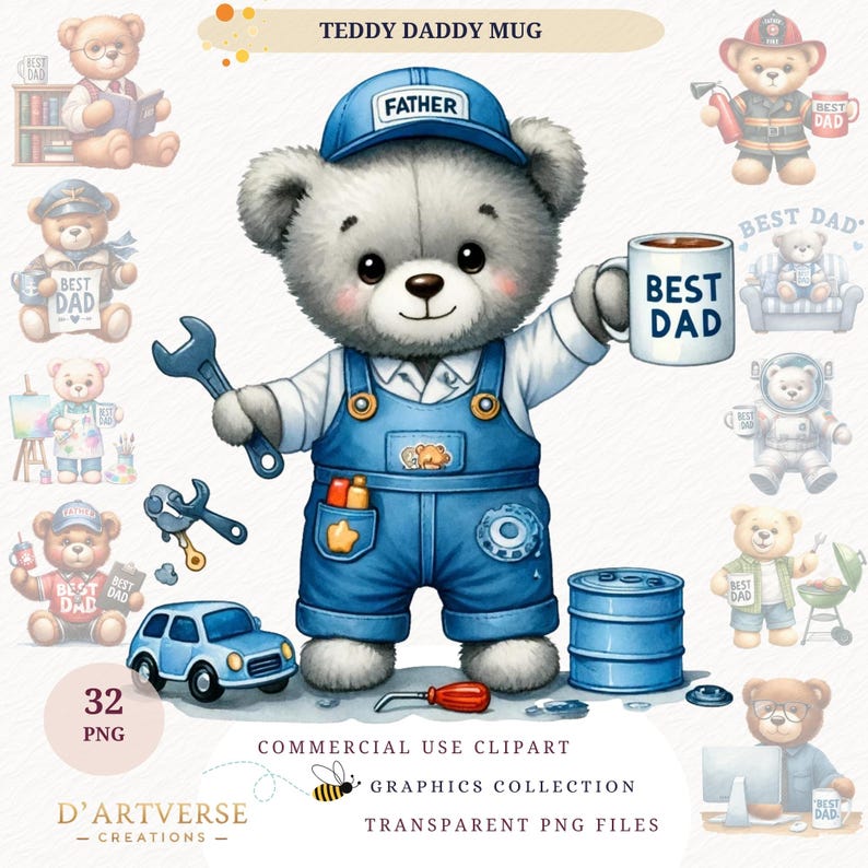 Father’s Day Teddy Bear Clipart Bundle Watercolor Cute Dad Mug PNG ...
