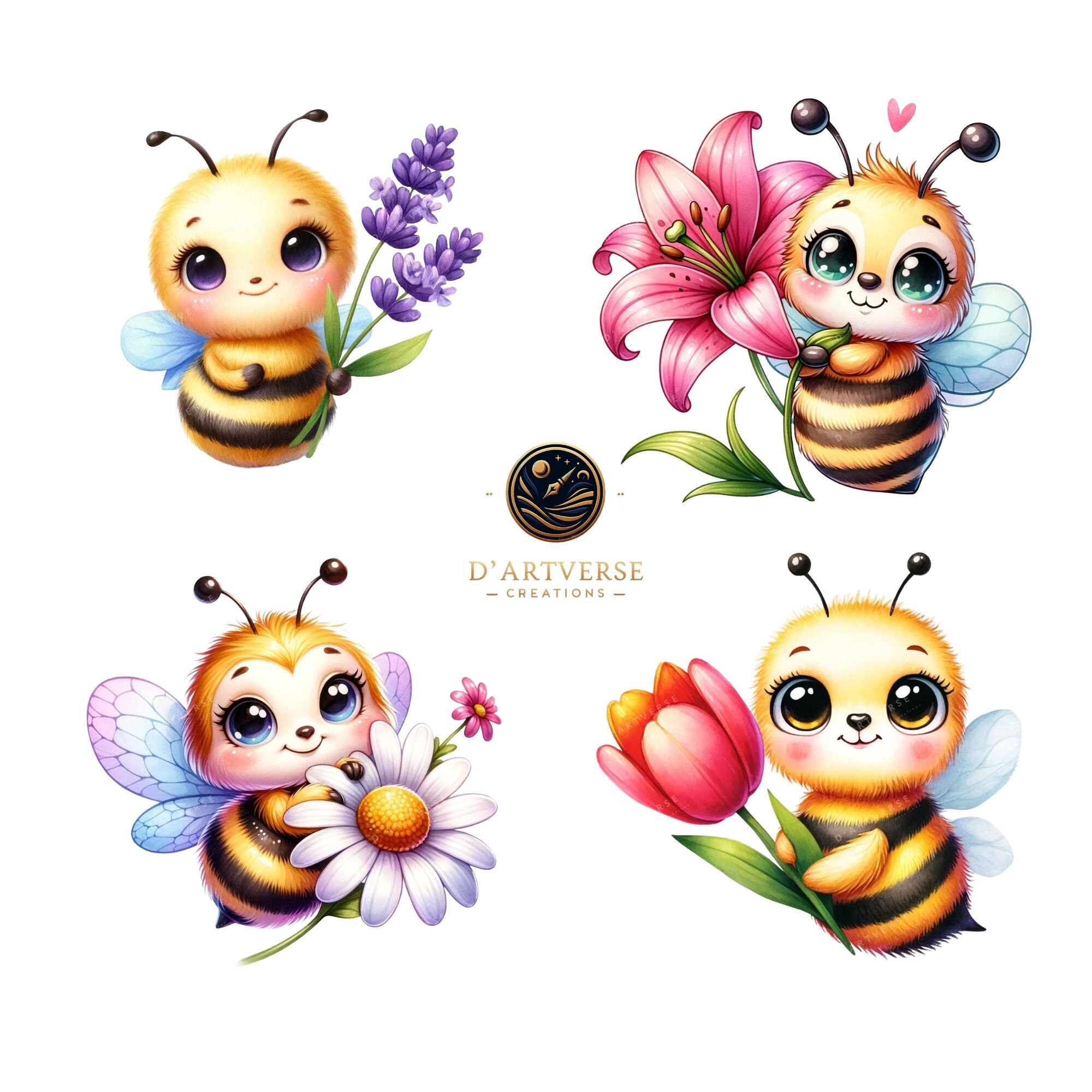 Watercolor Cute Bees Clipart Flower Graphics PNG Nursery Bee ...