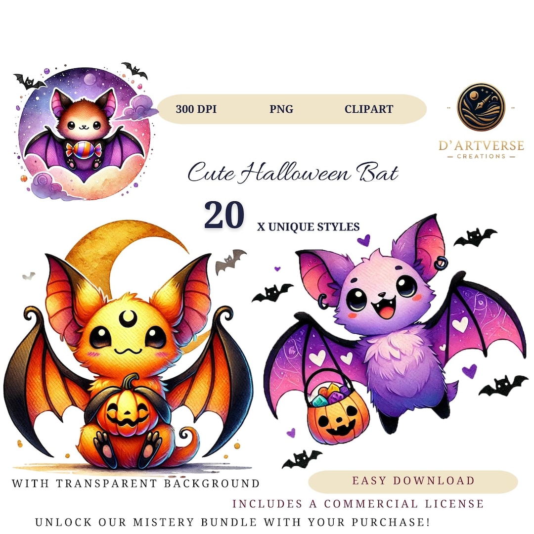 Cute Halloween Bat Clipart Watercolor Bat Graphics Cute Night Creature ...