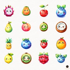 Watercolor Kawaii Fruit Clipart Bundle Cute Summer Fruits PNG Digital ...