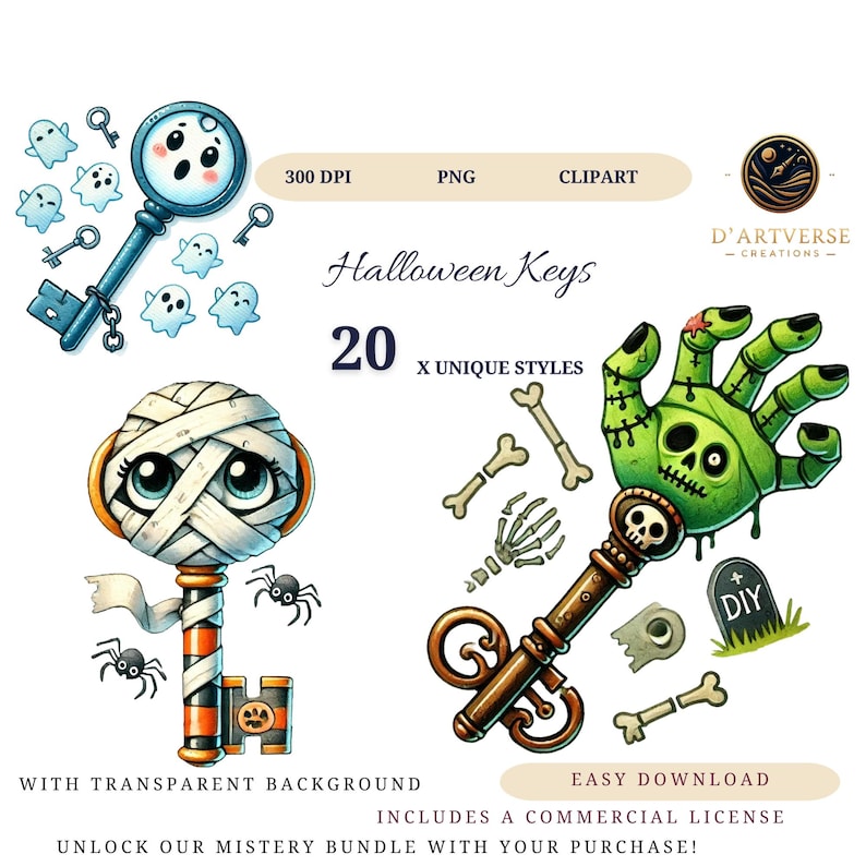 Watercolor Halloween Keys Clipart Spooky Key Graphics Cute Ghost Key ...
