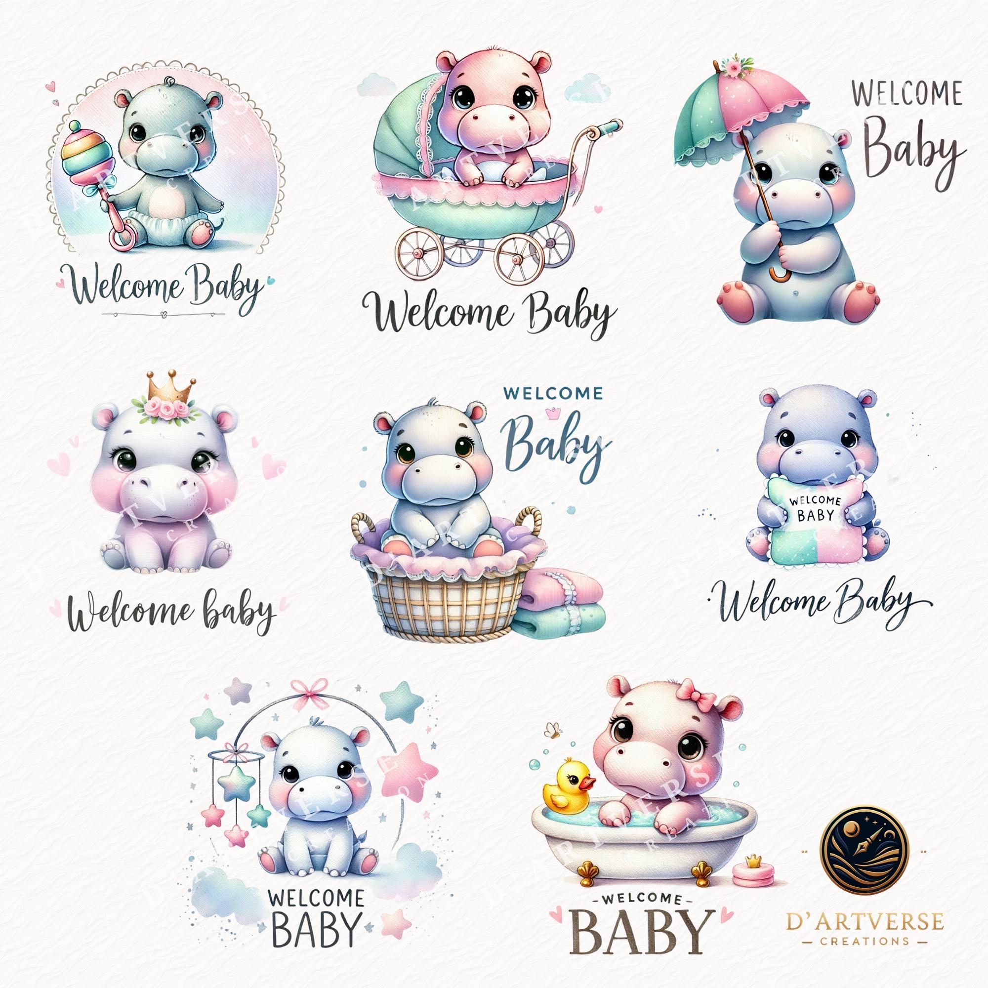Watercolor Baby Hippo Clipart Bundle Cute Pastel Nursery Animal PNG ...