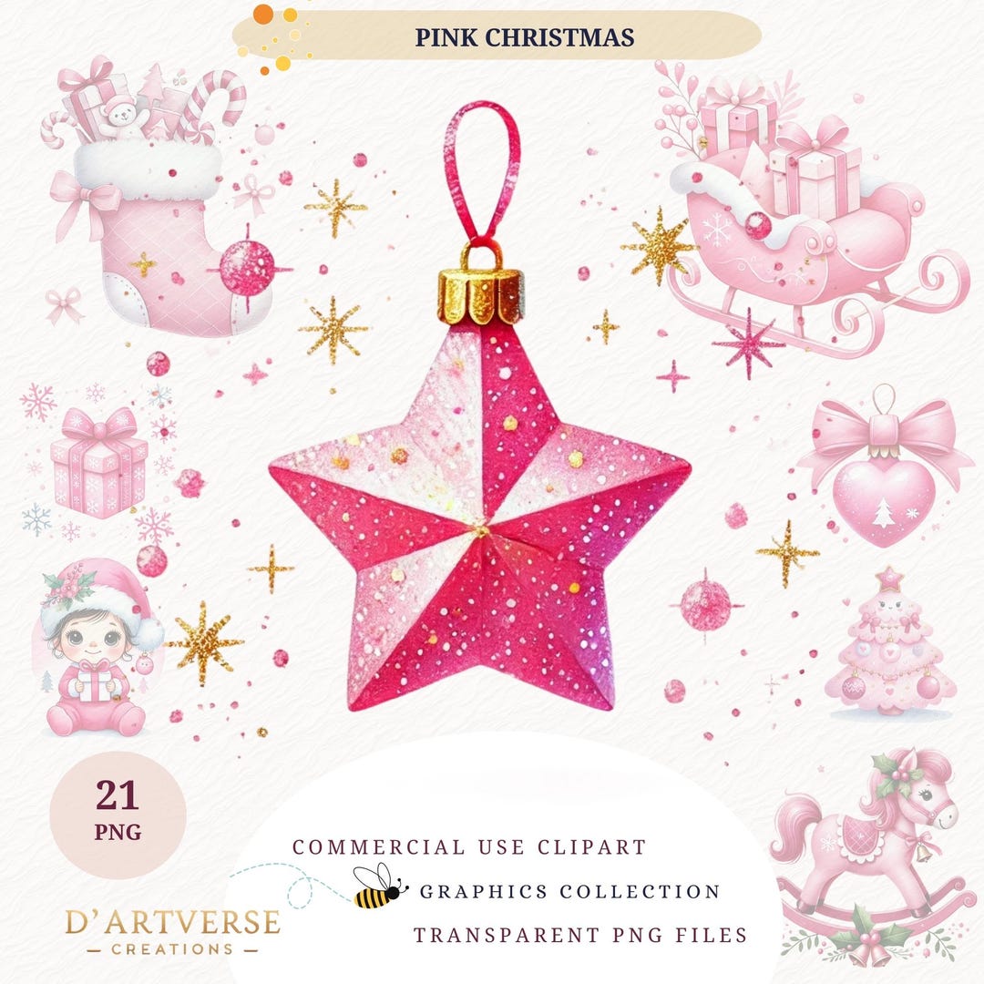 Watercolor Pink Christmas Clipart Bundle Pastel Holiday Decor PNG Pink ...