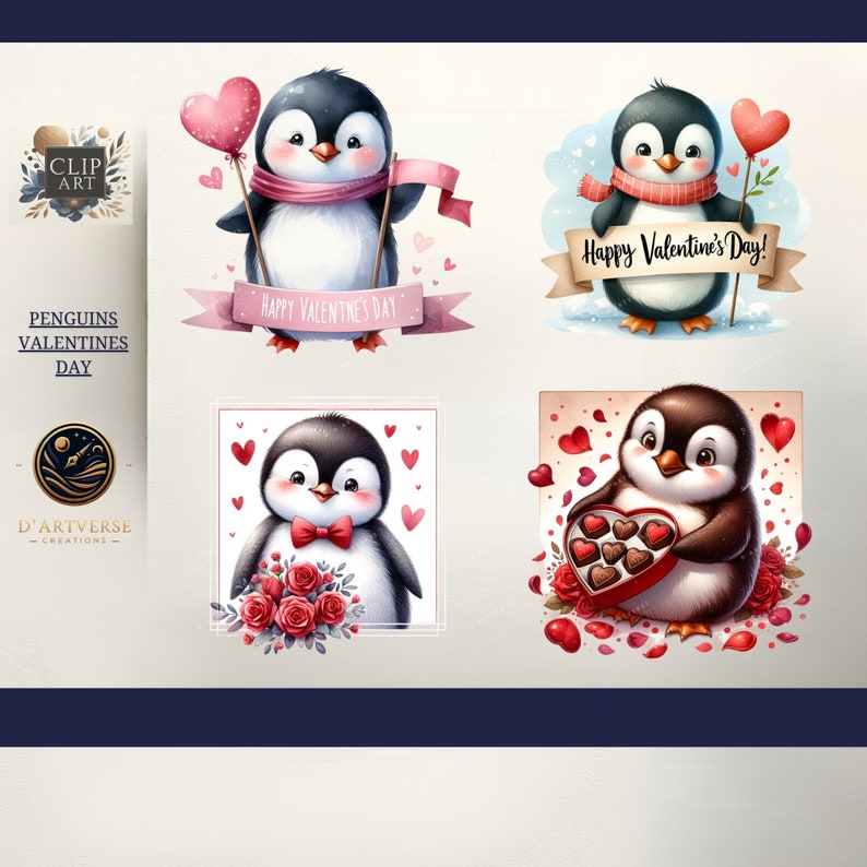 Watercolor Penguin Art Valentine Clipart Set Romantic Penguins Digital ...