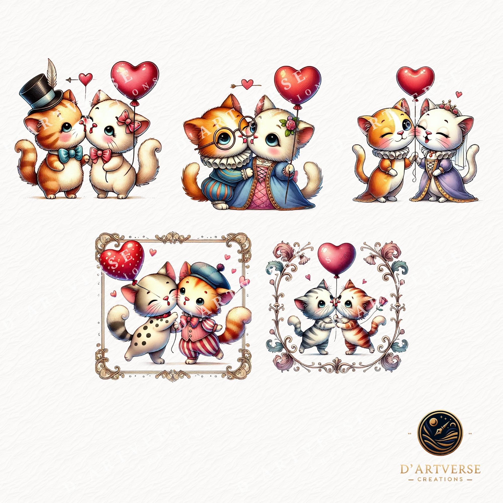 Watercolor Romantic Cat Couple Clipart Valentine's Day Kitten PNG Love ...