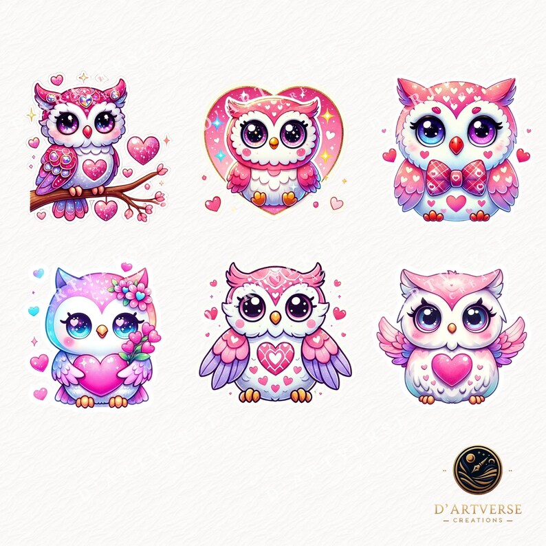 Kawaii Love Owl Stickers Watercolor Valentine Clipart Cute Baby Owl PNG ...