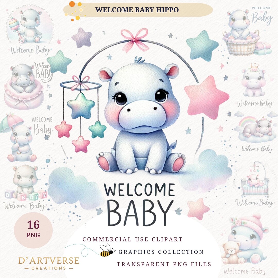 Watercolor Baby Hippo Clipart Bundle Cute Pastel Nursery Animal PNG ...