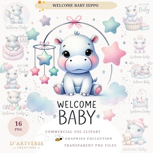 Watercolor Baby Hippo Clipart Bundle Cute Pastel Nursery Animal PNG ...
