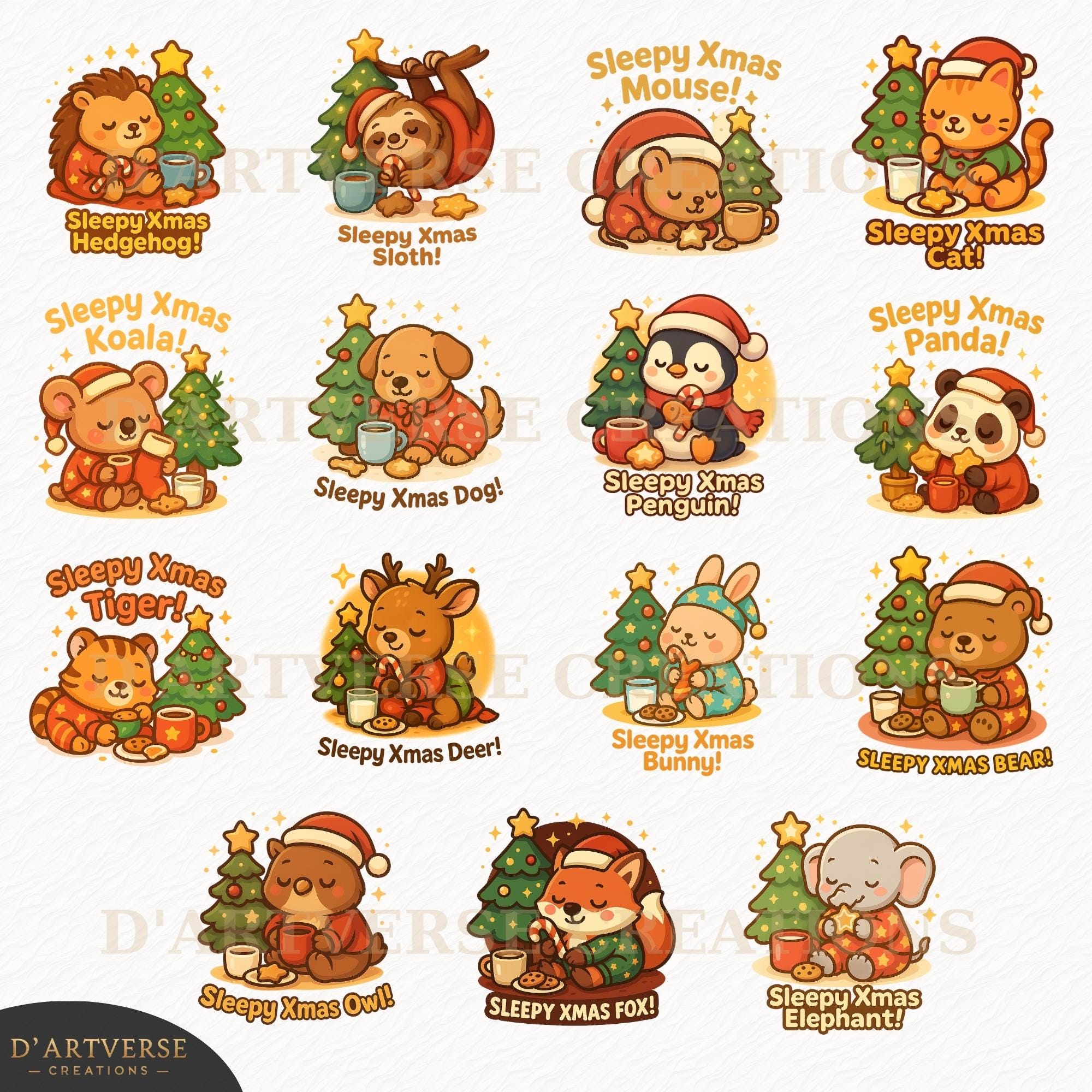 Sleepy Christmas Animals Clipart Cute PNG Set Cozy Winter Animal ...