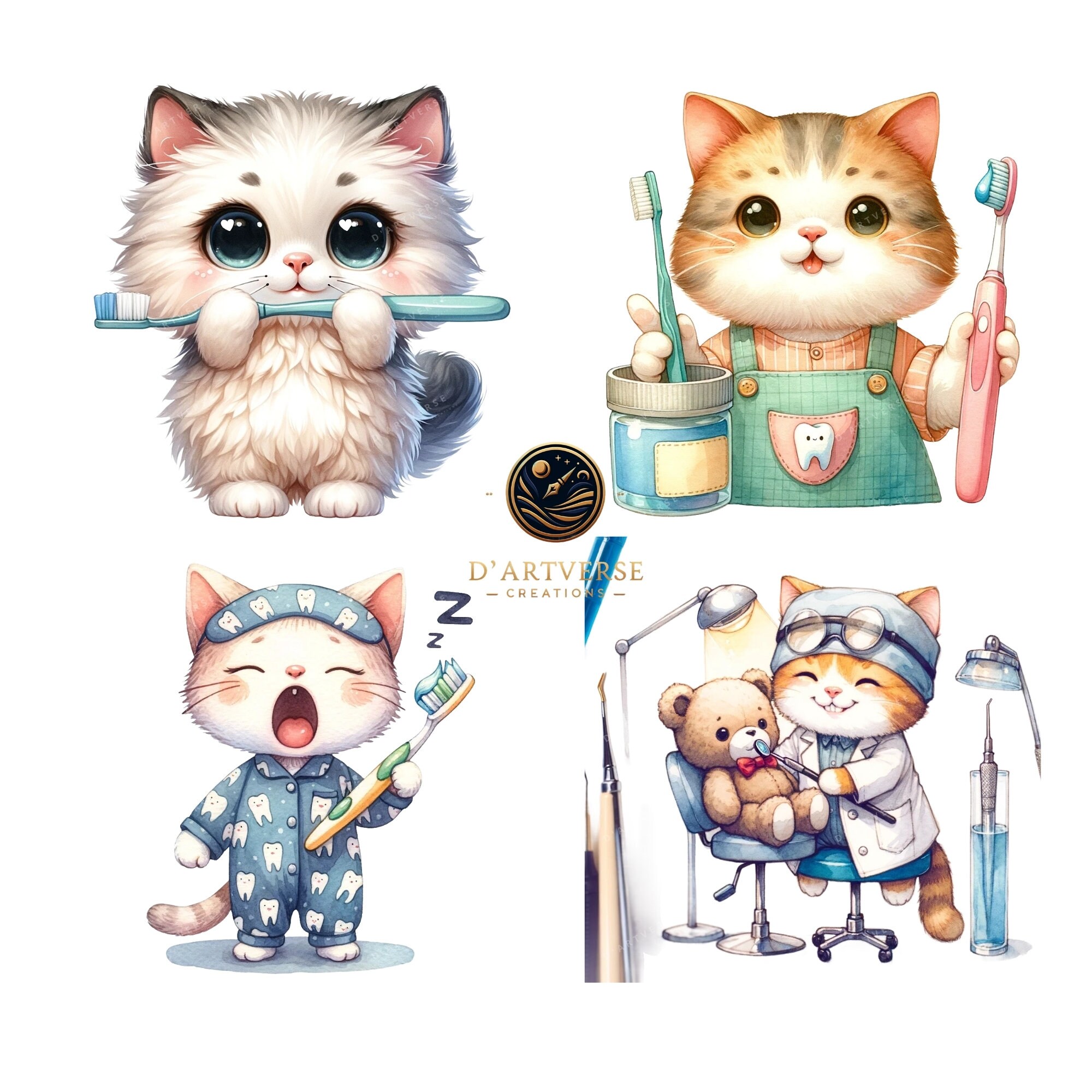 Watercolor Cute Cat Clipart Bundle Kitten Illustrations Fun Dentist ...