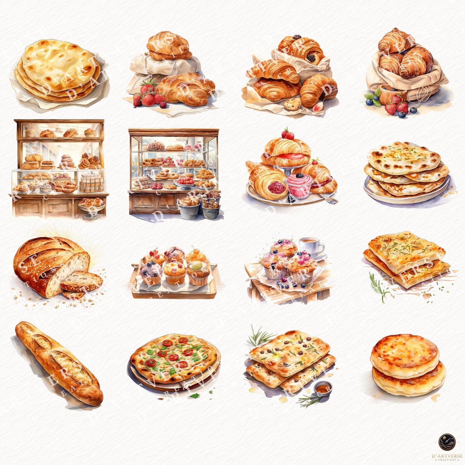 Watercolor Bakery Clipart Bread Croissant French Baguette Png Breakfast ...