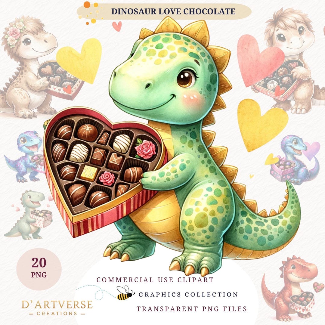 Baby Dinosaur Valentine Clipart Bundle Watercolor Cute Love Chocolate ...