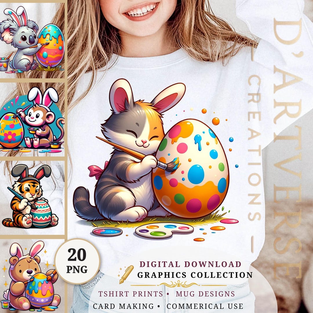 Easter Bunny Painting Egg Shirt Png Bundle Cute Animal Colorful Painted ...