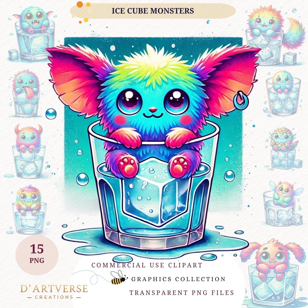 Ice Cube Monster Clipart Watercolor Cute Summer Monsters in Glass PNG ...