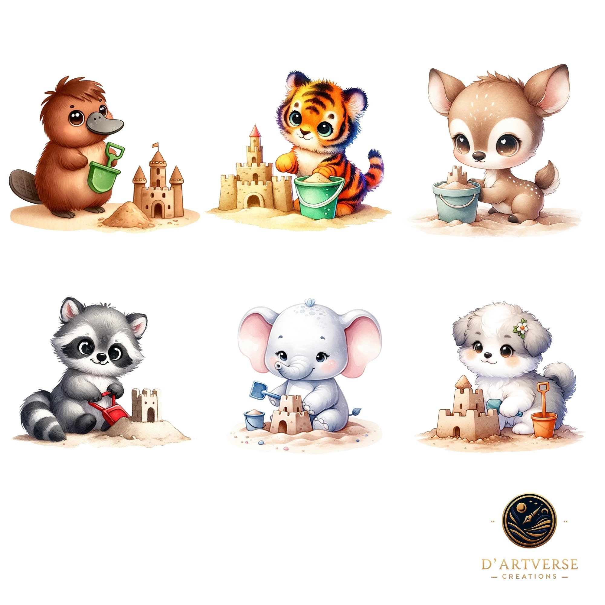 Watercolor Cute Animals Beach Clipart Baby Animal Sandcastle Png Cute ...