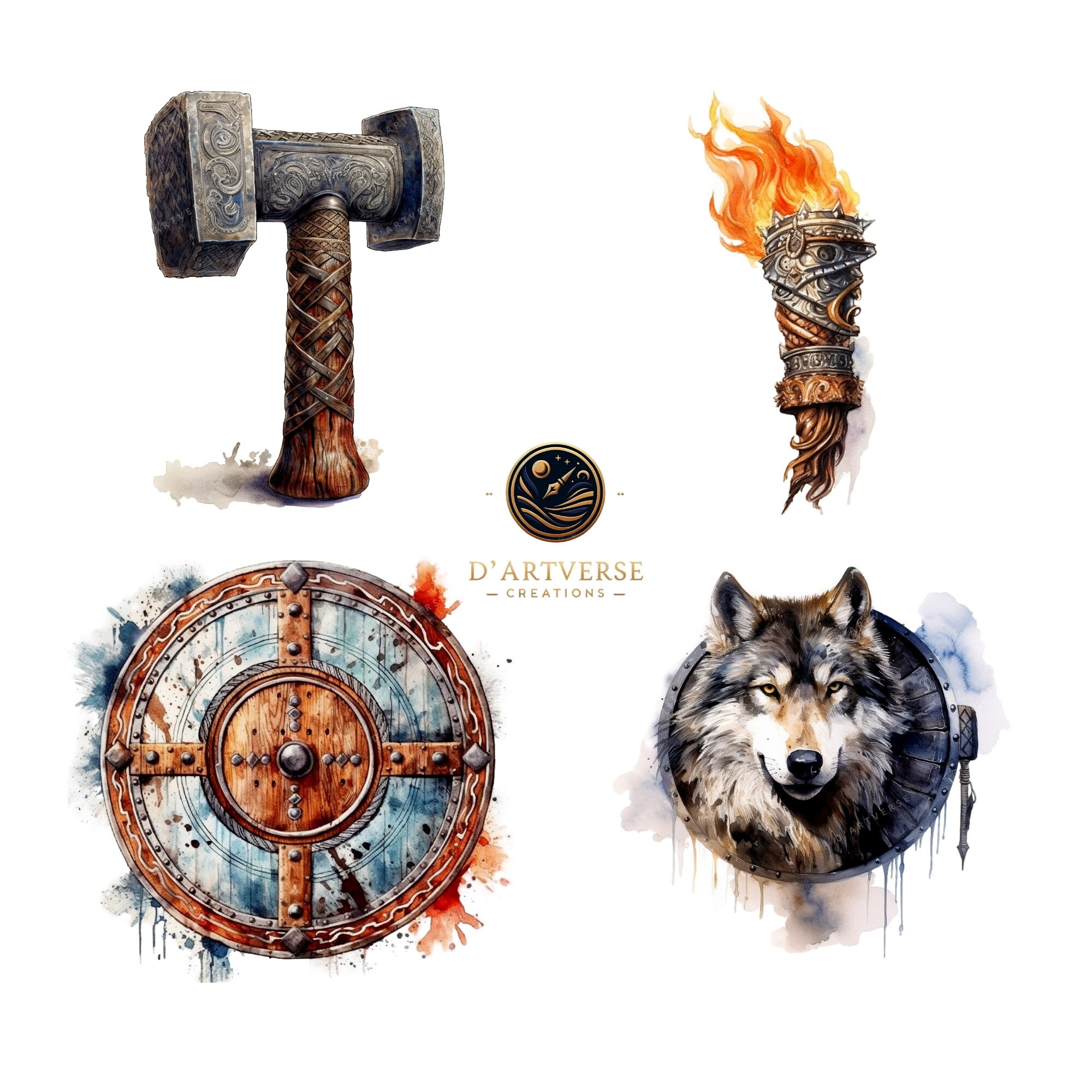 Watercolor Viking Clipart Nordic Pagan Norse Mythology Thor Hammer ...