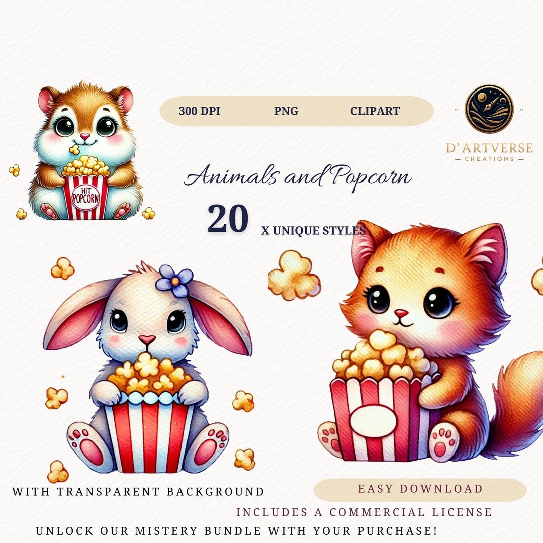 Watercolor Animals Clipart Popcorn Animals Bundle Cute Animal PNG ...