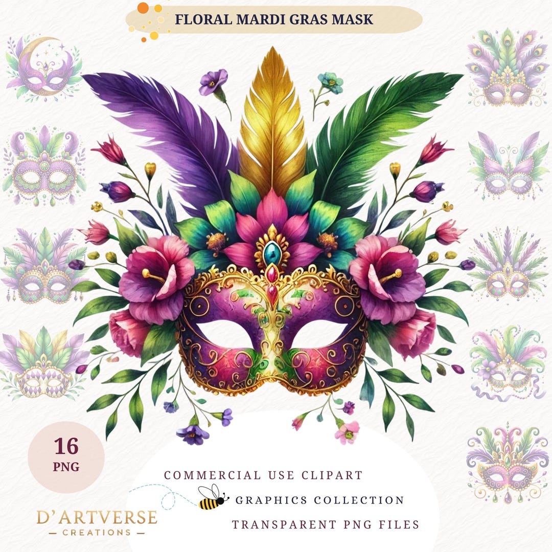 Floral Mardi Gras Mask Clipart Bundle Watercolor Feather Masquerade PNG ...