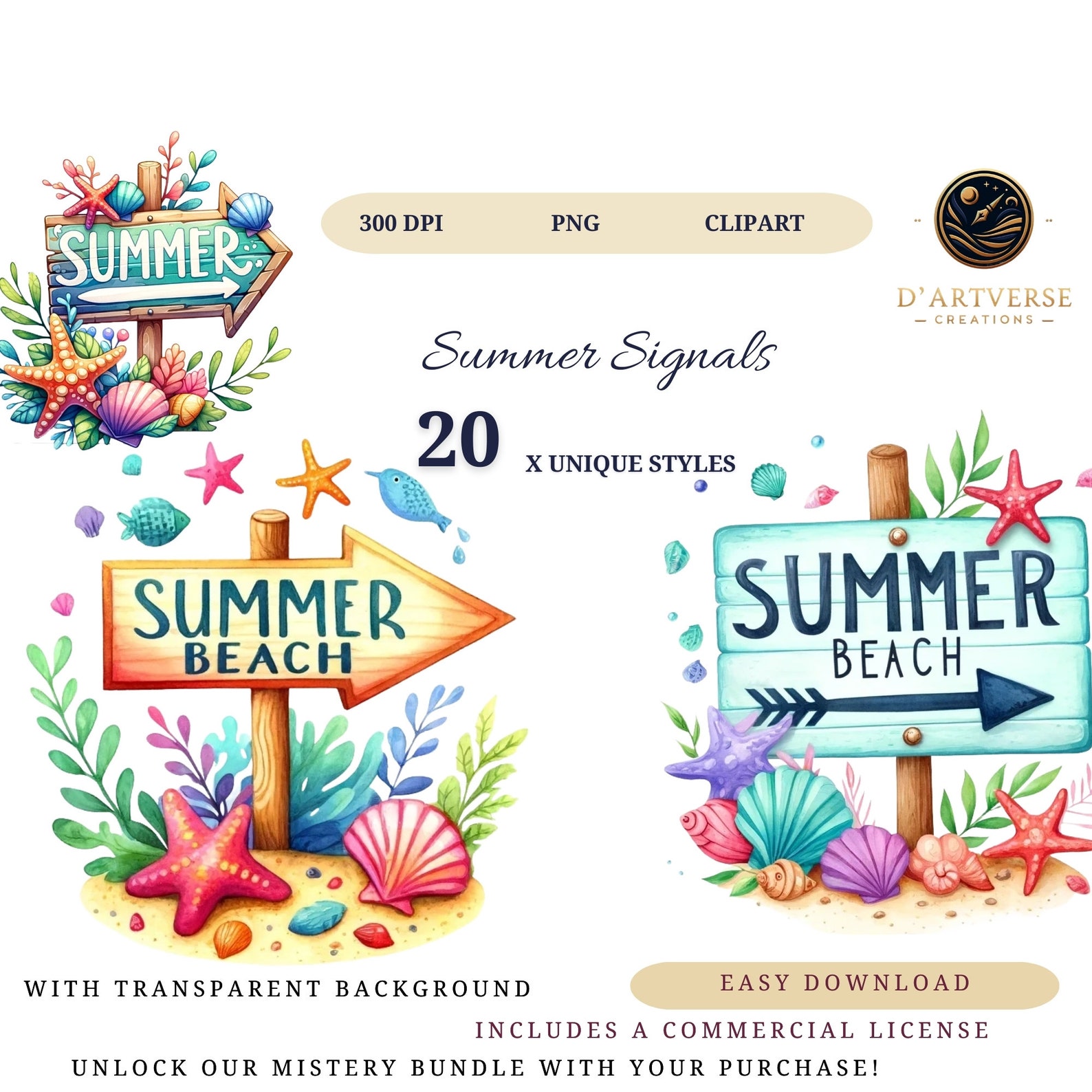 Summer Beach Signs Clipart Watercolor Beach Graphics Coastal Clipart ...