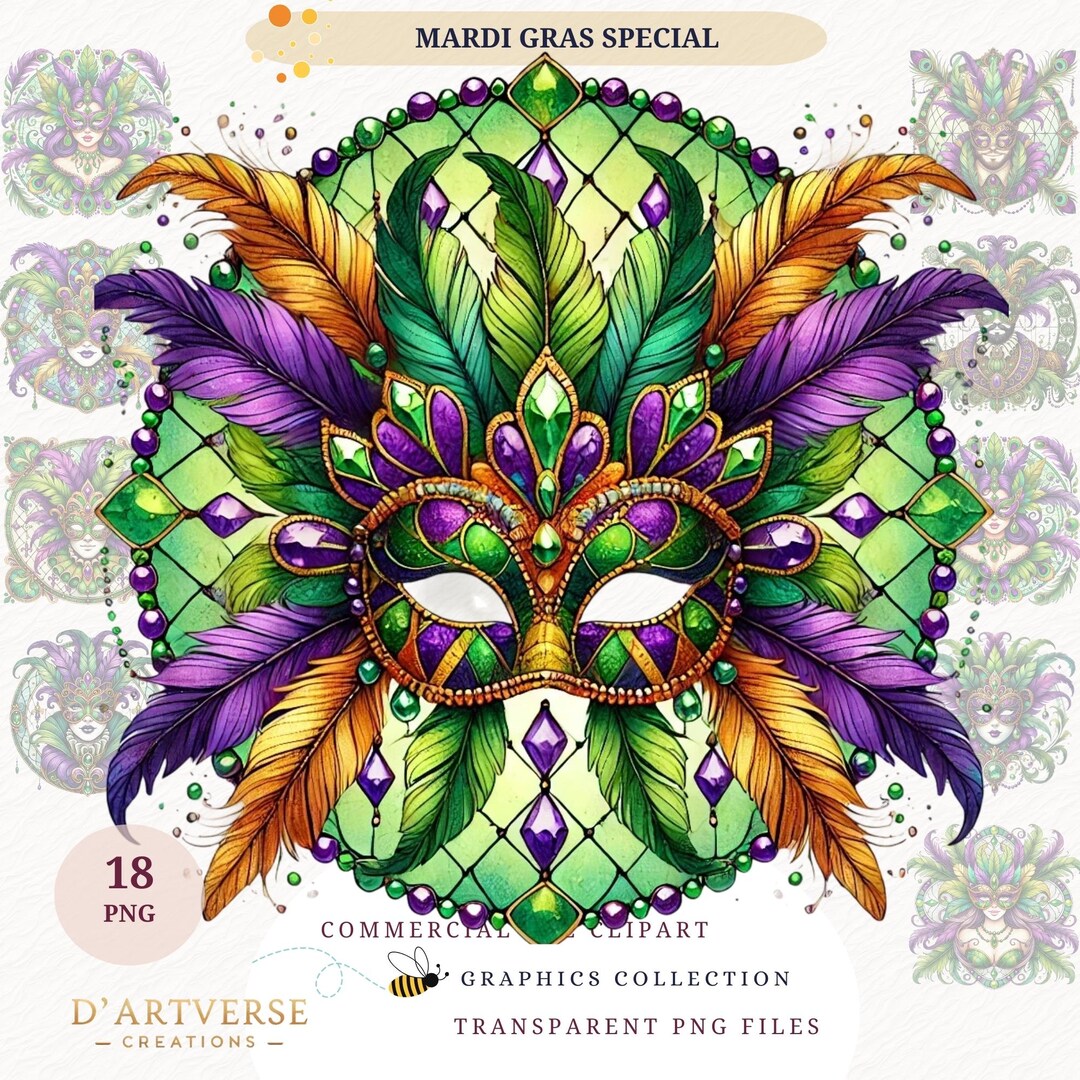 Mardi Gras Carnival Mask Clipart Bundle Watercolor PNG Masquerade Party ...