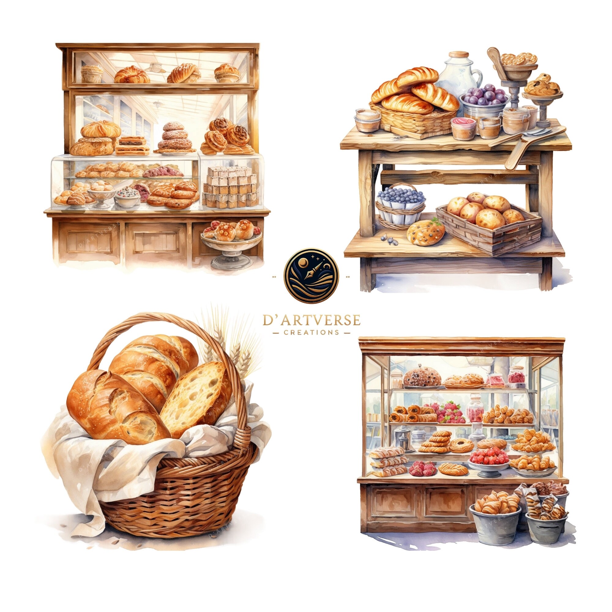 Watercolor Bakery Clipart Bread Croissant French Baguette Png Breakfast ...