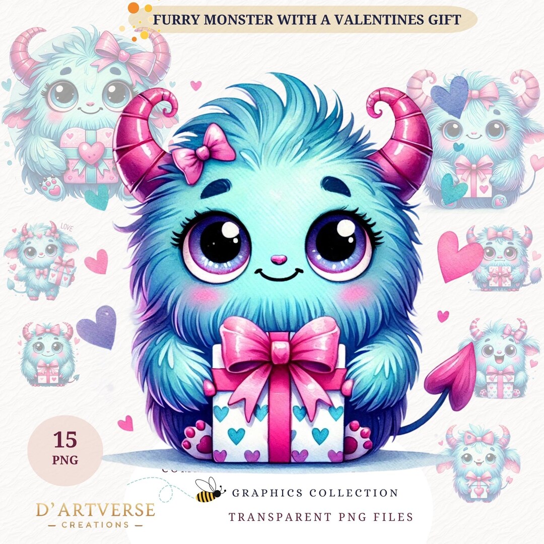 Cute Monster Clipart Bundle Valentine's Day Gift PNG Fantasy Nursery ...