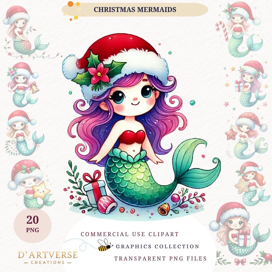 Watercolor Christmas Mermaid Clipart Bundle Cute Holiday Sea Creature ...