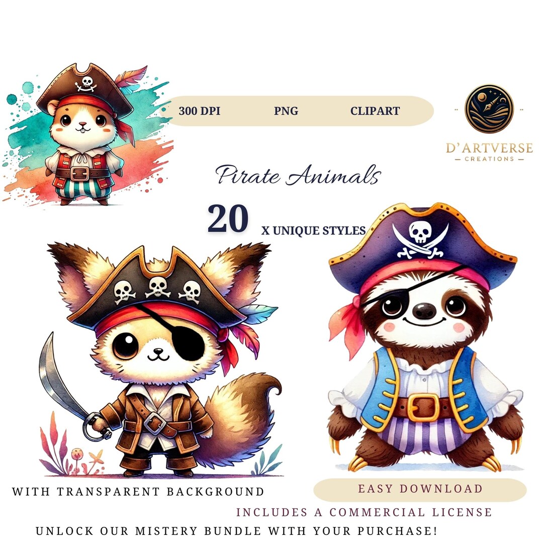 Watercolor Pirate Animal Clipart Bundle Cute Animal Pirate Graphics ...