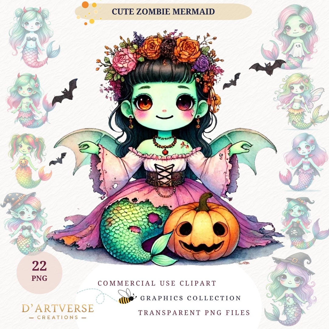 Cute Zombie Mermaid Clipart Halloween Fantasy Clipart PNG Bundle ...