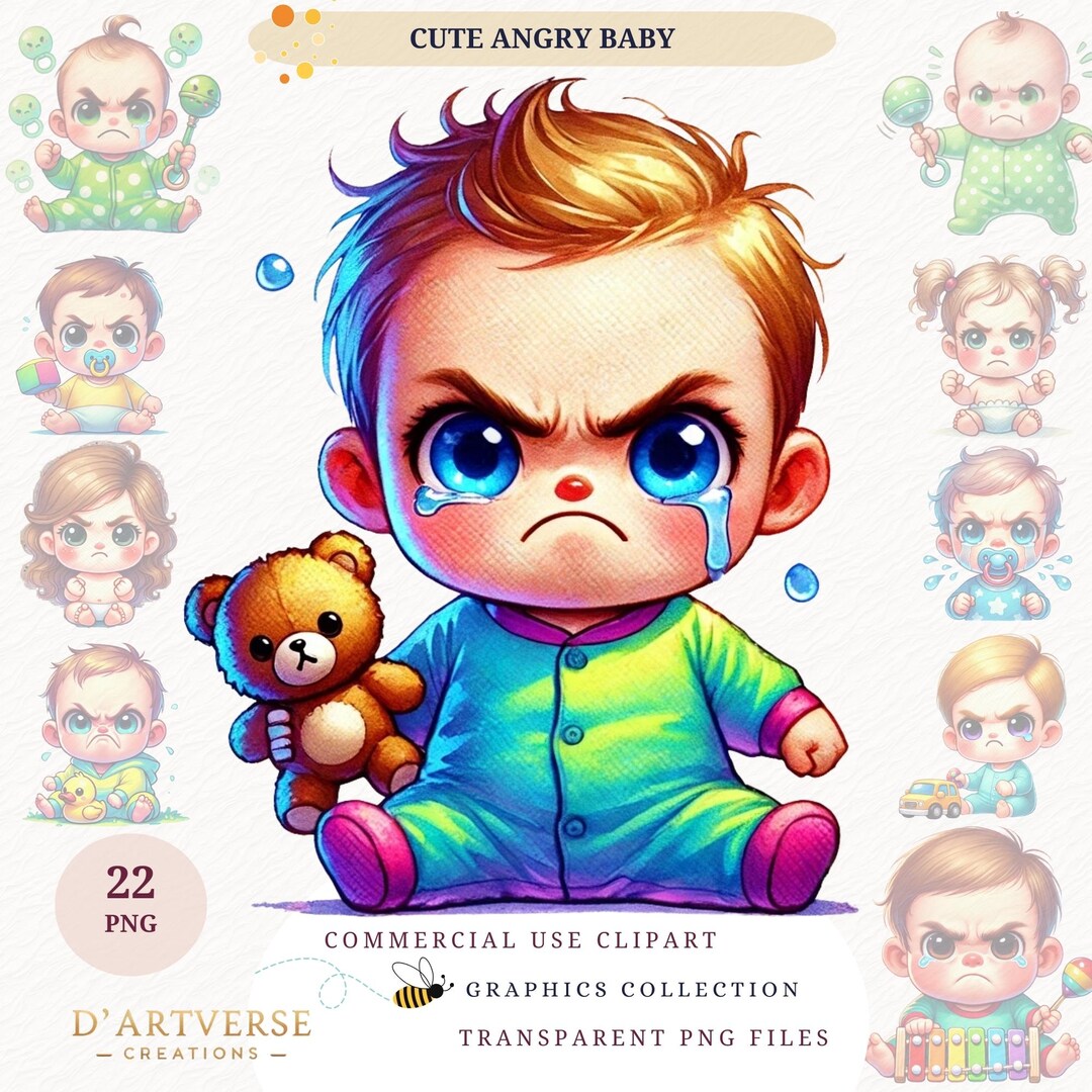 Watercolor Cute Angry Baby Clipart Bundle Toddler Character PNG Nursery ...
